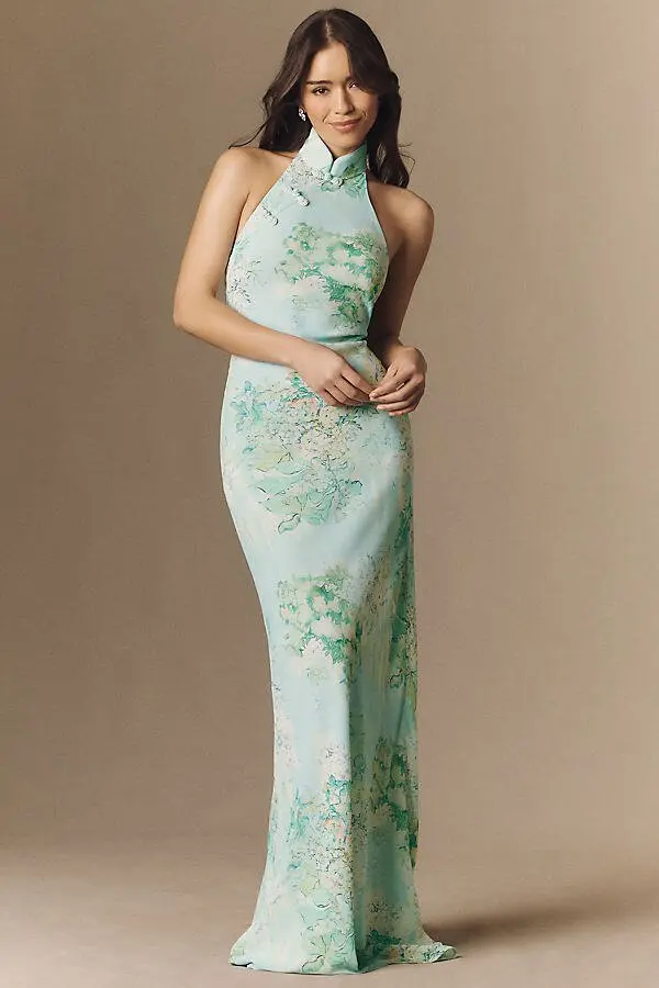 SAU LEE Gillian Chiffon Floral Print Maxi Dress - Mint