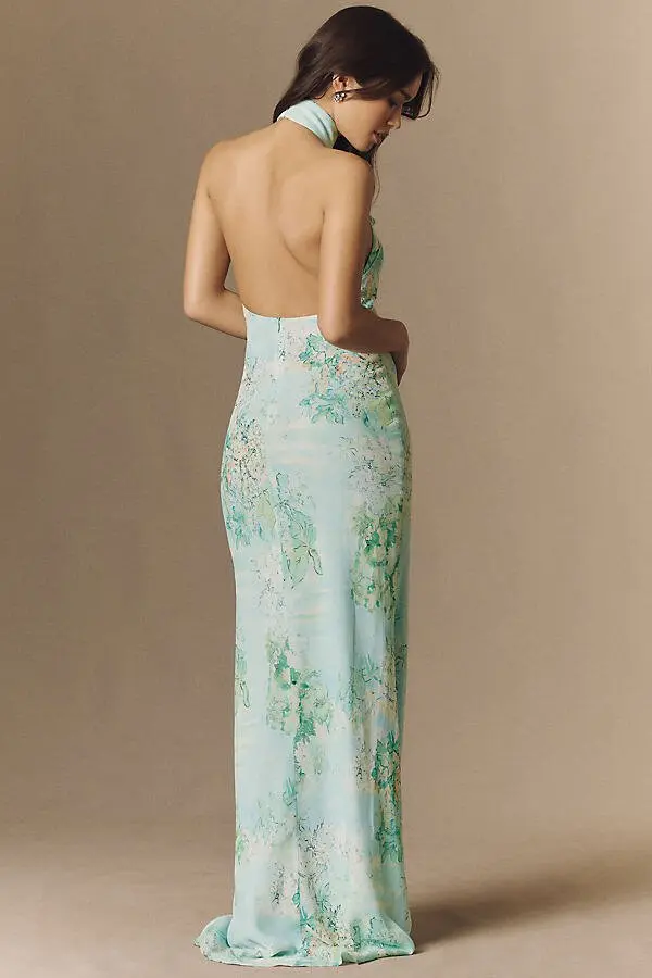 SAU LEE Gillian Chiffon Floral Print Maxi Dress - Mint
