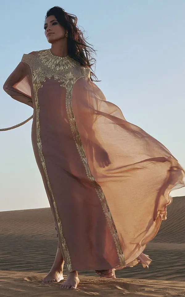 BTHAINA Hand-embellished Chiffon Caftan Dress - Nude
