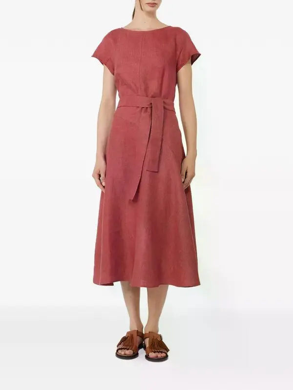 Max Mara Belted Linen Midi Dress - Red