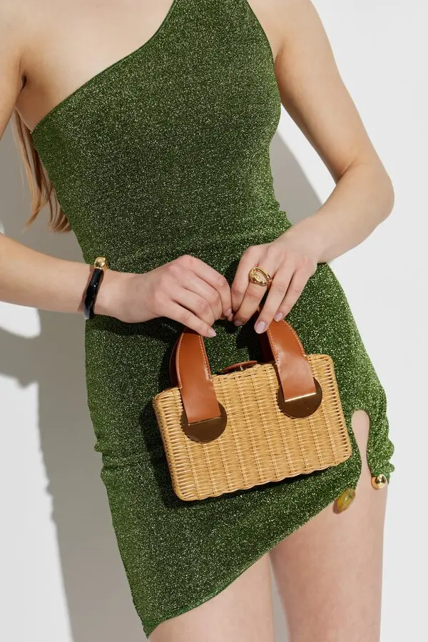Rodo Handbag With Woven Raffia And Leather Handles - Brown