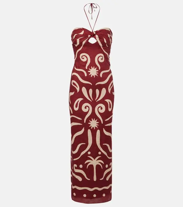 CALA DE LA CRUZ Leda Printed Halterneck Linen Maxi Dress - Burgundy