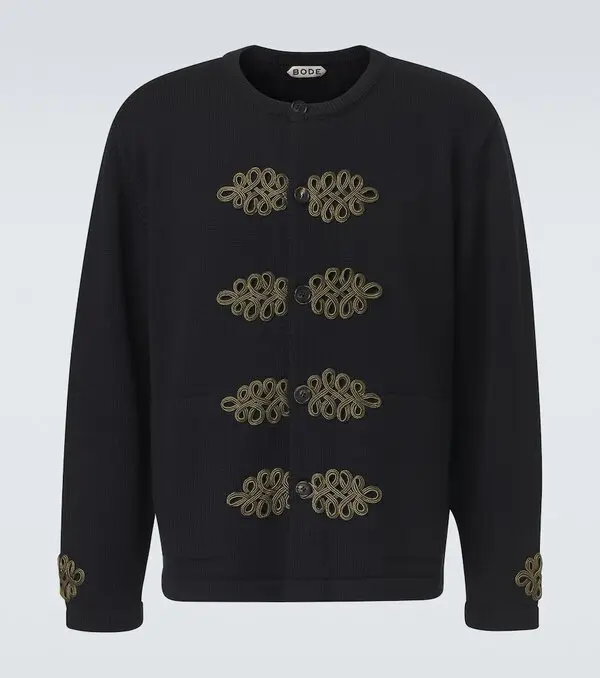 BODE Looped Frog Embroidered Wool Cardigan - Black