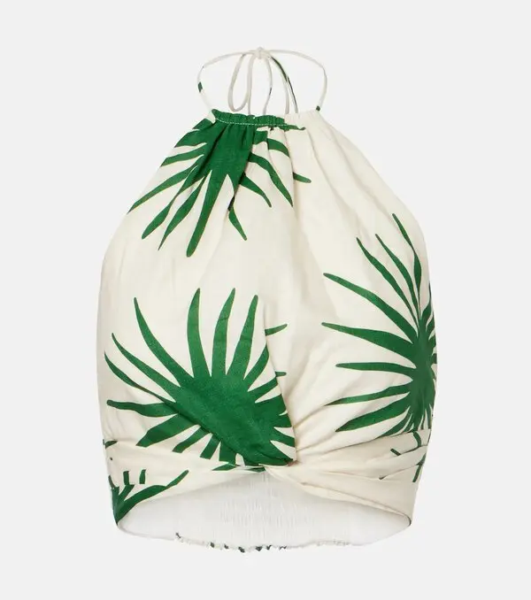 CALA DE LA CRUZ Lodi Printed Halterneck Linen Crop Top - Green