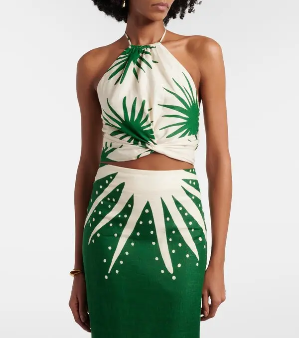 CALA DE LA CRUZ Lodi Printed Halterneck Linen Crop Top - Green