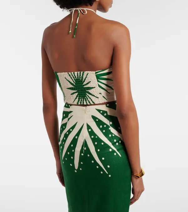CALA DE LA CRUZ Lodi Printed Halterneck Linen Crop Top - Green