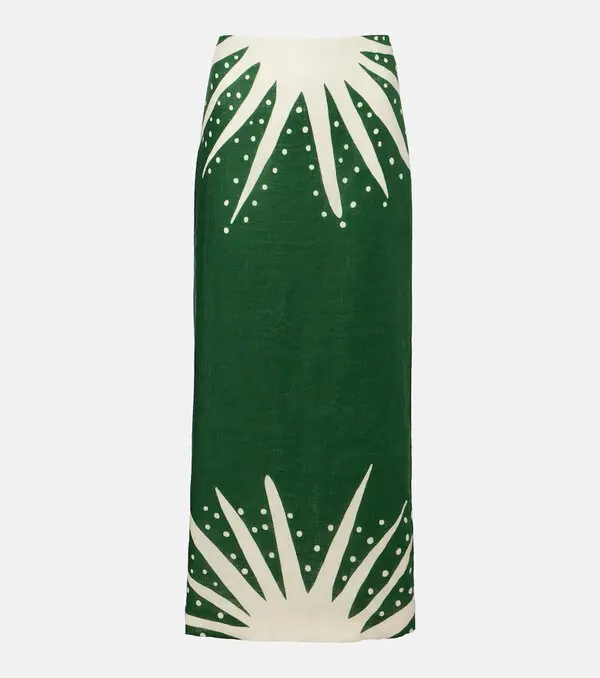 CALA DE LA CRUZ Bruna Printed Linen Midi Skirt - Green