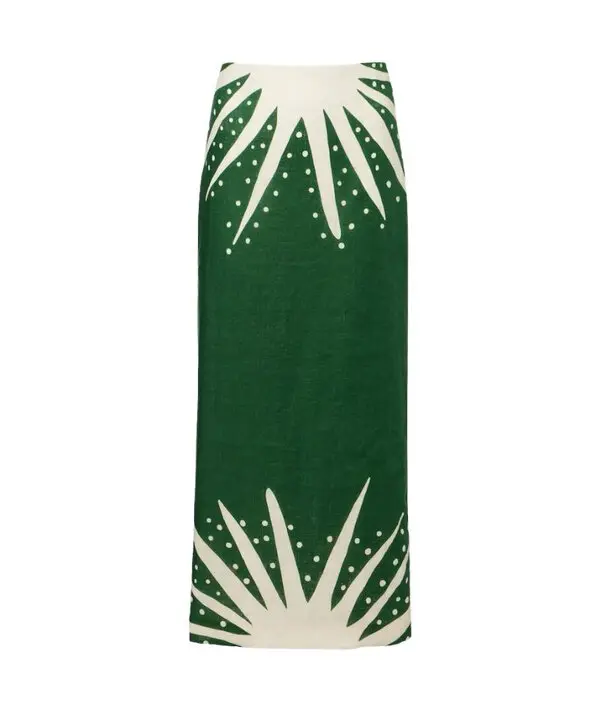 CALA DE LA CRUZ Bruna Printed Linen Midi Skirt - Green