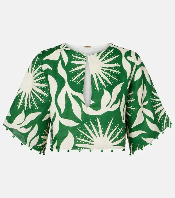 CALA DE LA CRUZ Iris Beaded Printed Linen Crop Top - Green