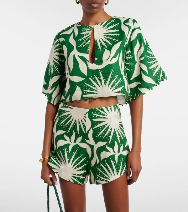 CALA DE LA CRUZ Iris Beaded Printed Linen Crop Top - Green