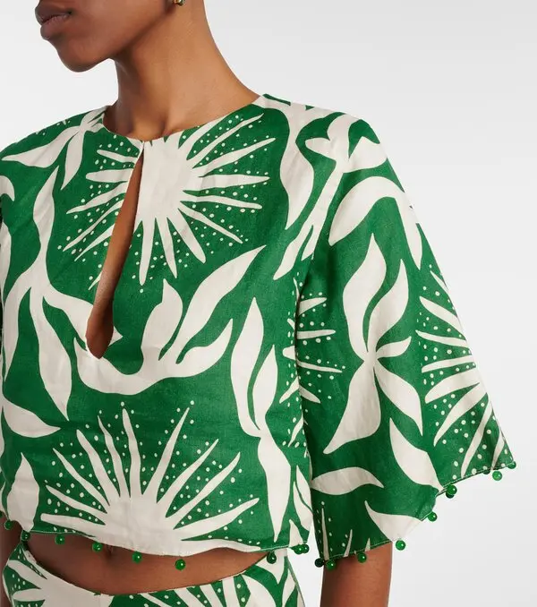 CALA DE LA CRUZ Iris Beaded Printed Linen Crop Top - Green