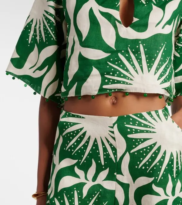 CALA DE LA CRUZ Iris Beaded Printed Linen Crop Top - Green