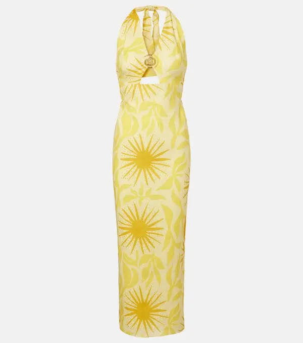 CALA DE LA CRUZ Printed Cutout Linen Midi Dress - Yellow