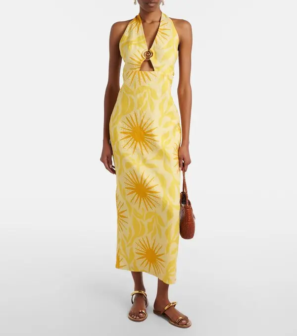 CALA DE LA CRUZ Printed Cutout Linen Midi Dress