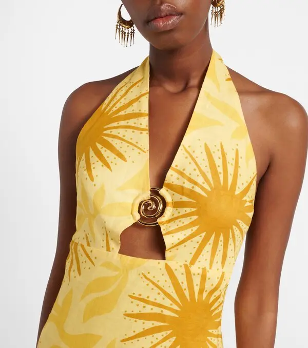 CALA DE LA CRUZ Printed Cutout Linen Midi Dress
