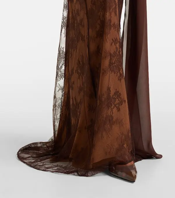 DE LA VALI Amora Ruched Lace Maxi Dress With Detachable Scarf - Brown