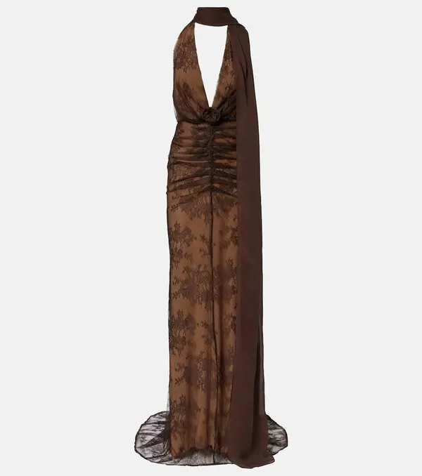 DE LA VALI Amora Ruched Lace Maxi Dress With Detachable Scarf - Brown