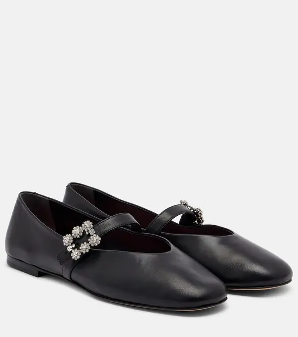 ROGER VIVIER Roundy Toe Embellished Leather Ballet Flats - Black