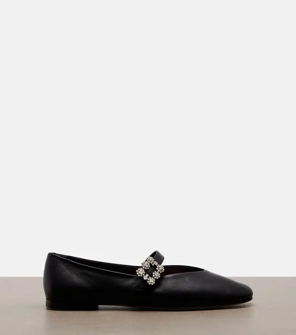 ROGER VIVIER Roundy Toe Embellished Leather Ballet Flats - Black