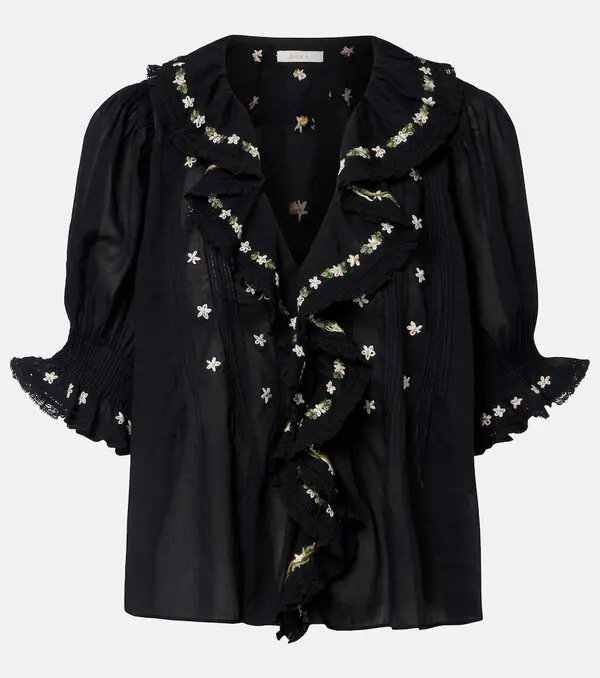 DÔEN Hettie Floral Embroidered Ruffled Cotton Blouse - Black