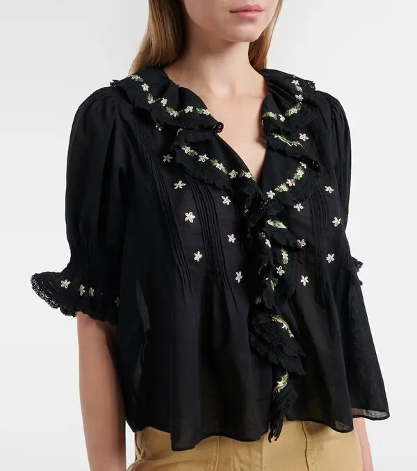 DÔEN Hettie Floral Embroidered Ruffled Cotton Blouse - Black