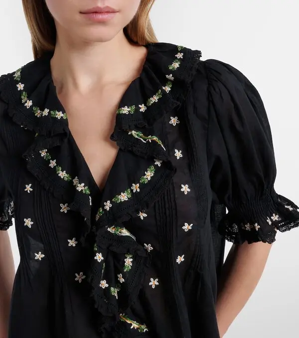 DÔEN Hettie Floral Embroidered Ruffled Cotton Blouse - Black