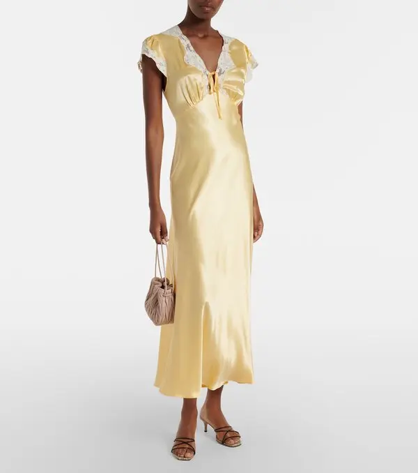 Rixo Lace-trimmed Satin Midi Dress - Yellow