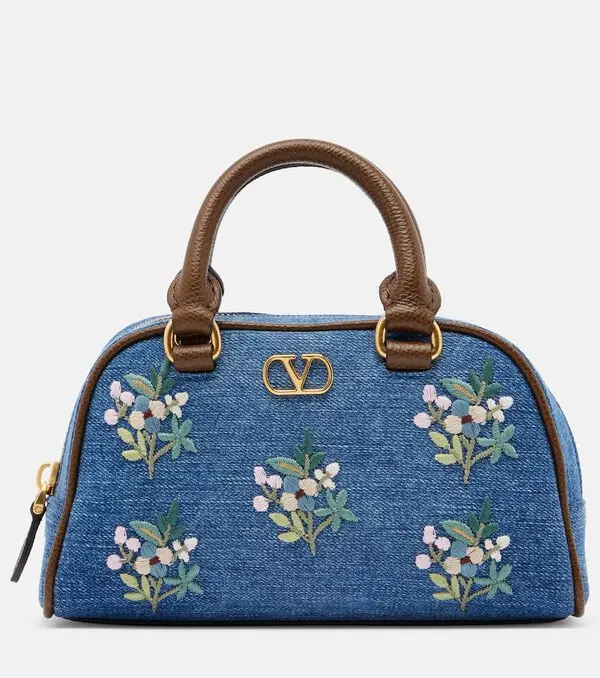 Valentino Garavani Vlogo Mini Floral Denim Top-handle Bag - Blue