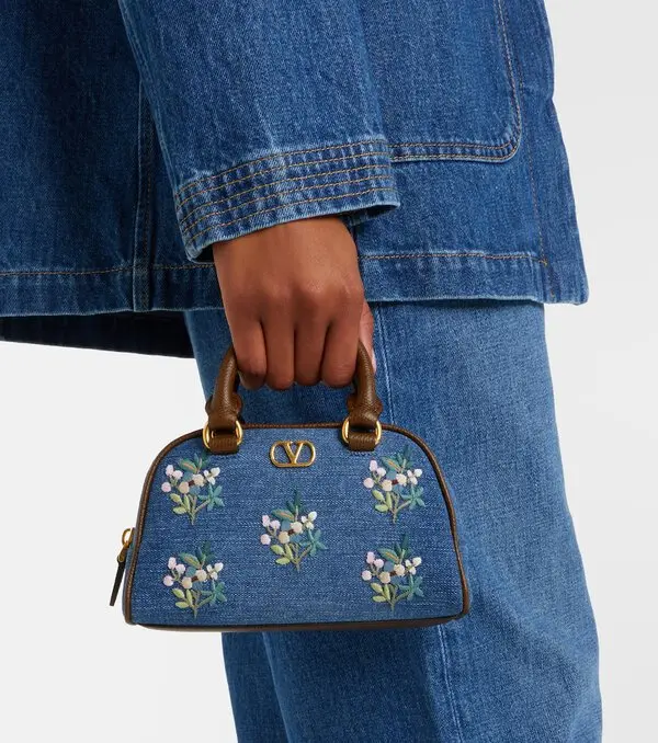 Valentino Garavani Vlogo Mini Floral Denim Top-handle Bag