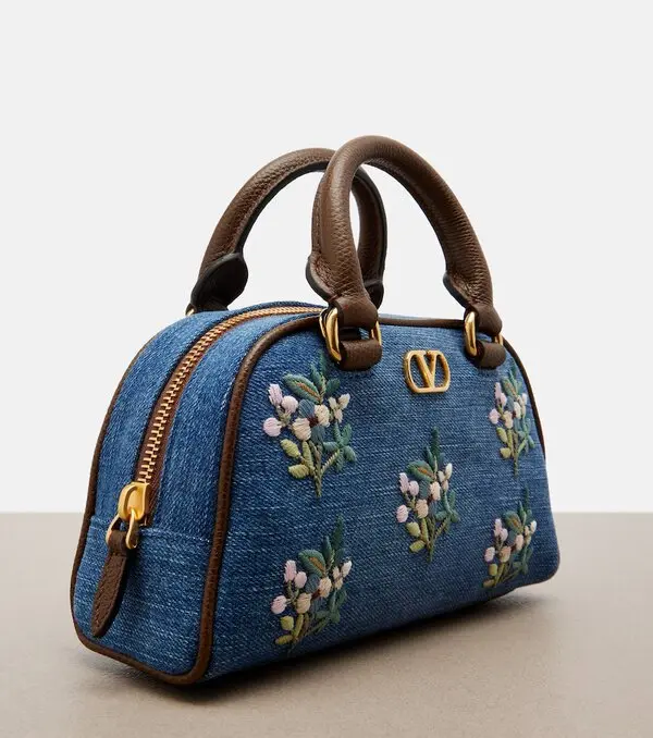 Valentino Garavani Vlogo Mini Floral Denim Top-handle Bag
