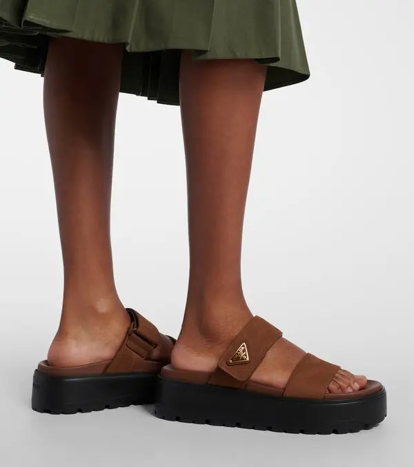 Prada Leather Platform Sandals With Velcro® Fastening - Brown