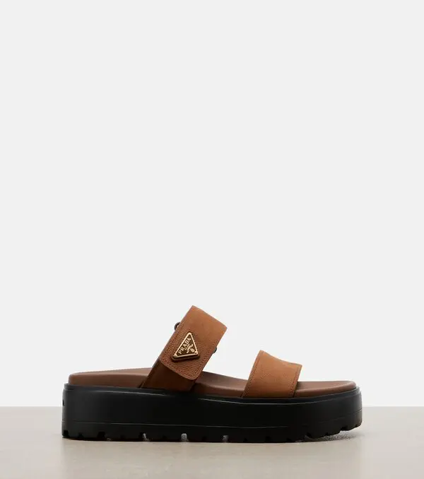 Prada Leather Platform Sandals With Velcro® Fastening - Brown