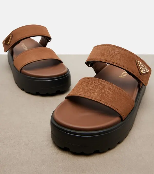 Prada Leather Platform Sandals With Velcro® Fastening - Brown