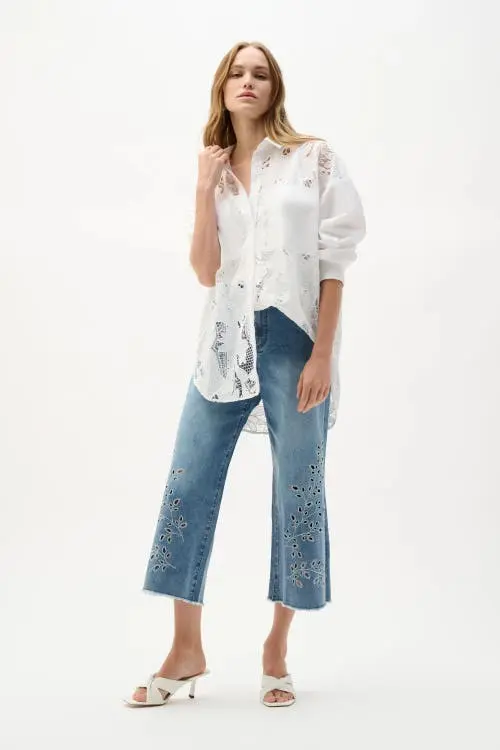 Joseph Ribkoff Cotton Lace Boxy Blouse With Embroidery