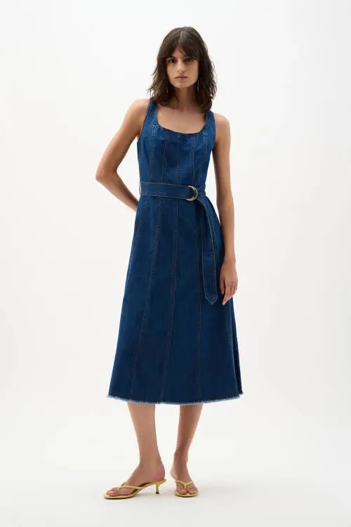 Joseph Ribkoff Denim Fit And Flare Midi Dress With Belt - Denim Medium Blue