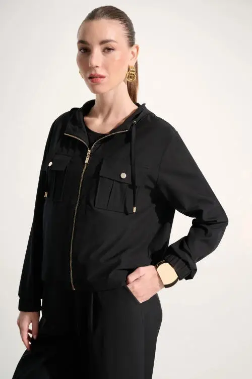 Joseph Ribkoff Stretch Woven Hooded Boxy Utility Jacket - Black