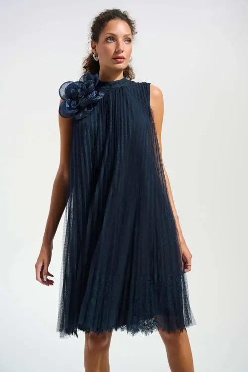 Joseph Ribkoff Mesh And Lace A-line Dress With Flower Detail - Midnight Blue