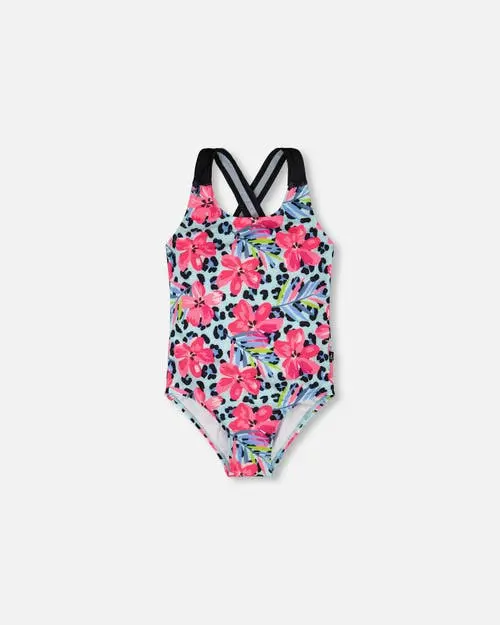 DEUX PAR DEUX Floral And Leopard Print One-piece Swimsuit - Blue Floral And Leopard Print
