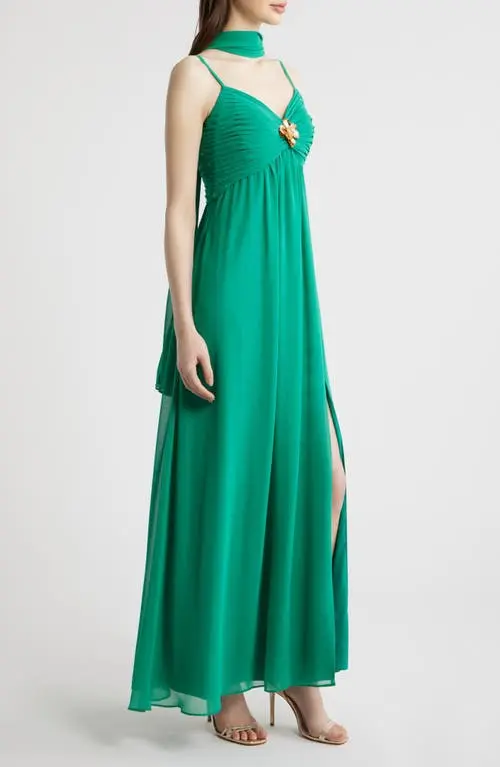 Eliza J Pleated Chiffon Gown With Scarf - Jade | Editorialist