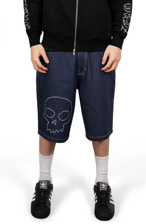 PLEASURES X Zero Skateboards Skull Embroidered Denim Shorts