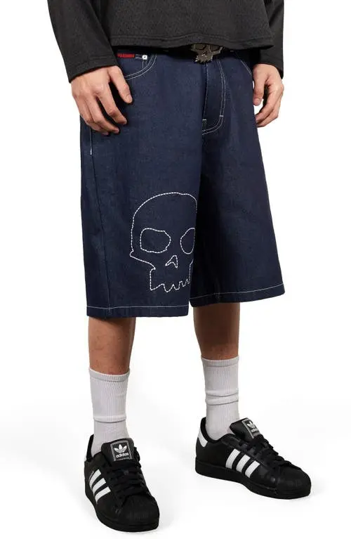 PLEASURES X Zero Skateboards Skull Embroidered Denim Shorts