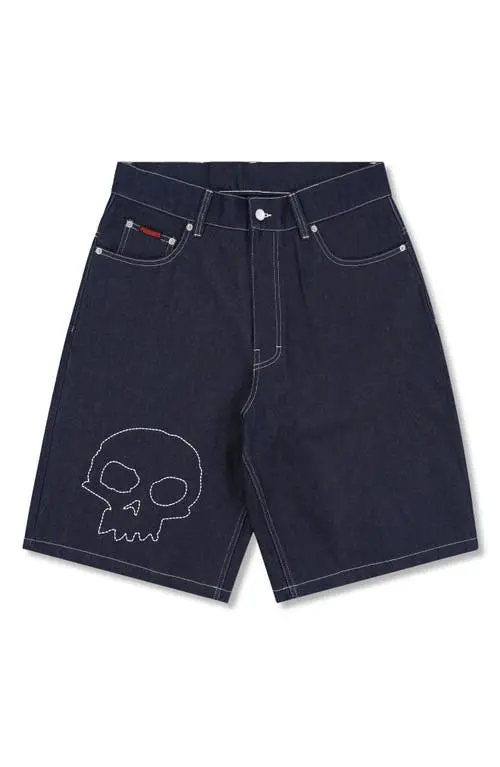PLEASURES X Zero Skateboards Skull Embroidered Denim Shorts