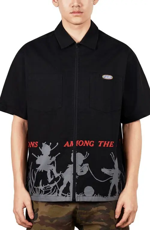 PLEASURES Fairies Relaxed Fit Cotton Zip Shirt