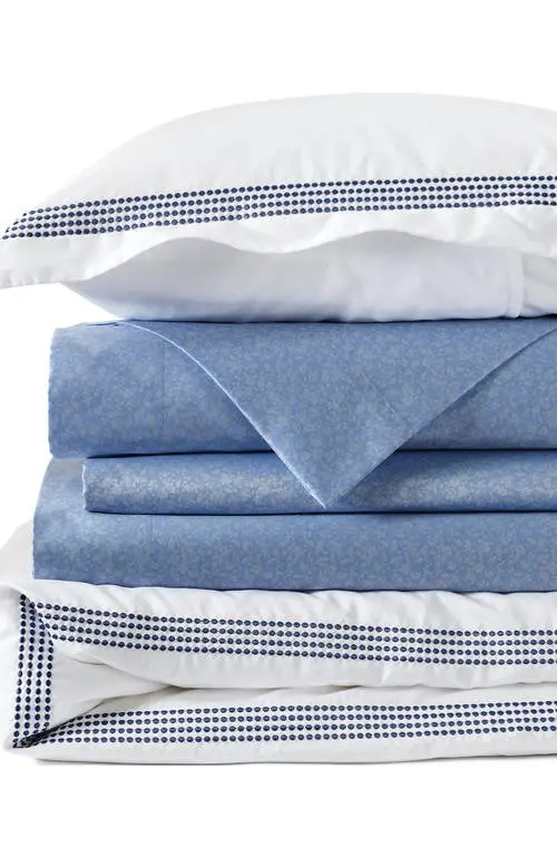 LANDS' END 400 Thread Count Premium Supima Cotton No Iron Sateen Embroidered Duvet Bed Cover - Dusk Indigo Sky Dots