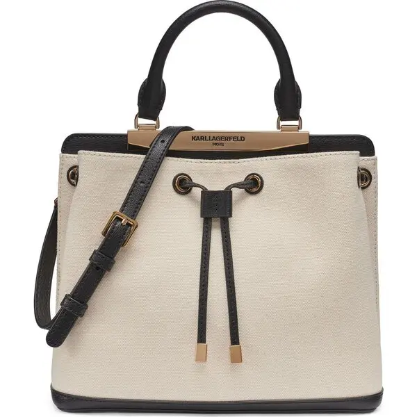 Karl Lagerfeld Paris Canvas Bucket Bag With Detachable Crossbody Strap - Natural/black