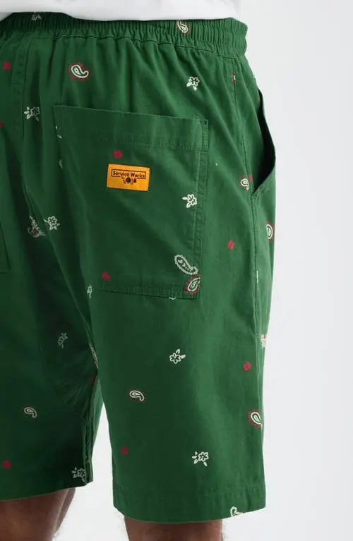 SERVICE WORKS Paisley Organic Cotton Poplin Chef Shorts - Forest