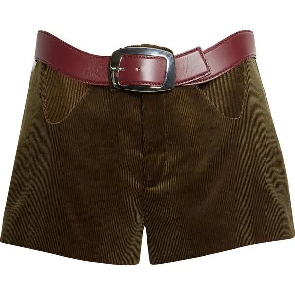JEAN PAUL GAULTIER The Curved Belted Corduroy Shorts - Olive Green