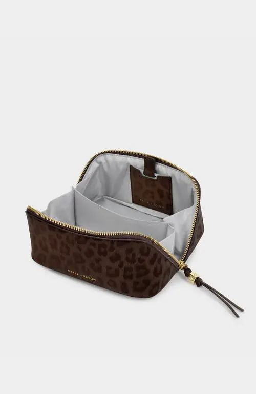 KATIE LOXTON Fold-out Mirror Make Up Bag - Chocolate Leopard