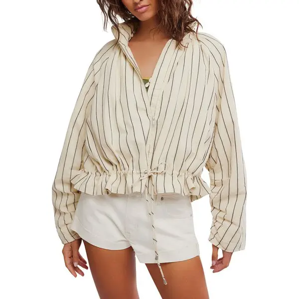 Free People Devon Stripe Ruffle Hem Jacket - Ivory Combo