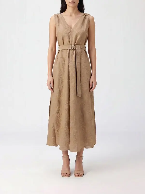 Brunello Cucinelli V-neck Maxi Dress With Belt - Brown